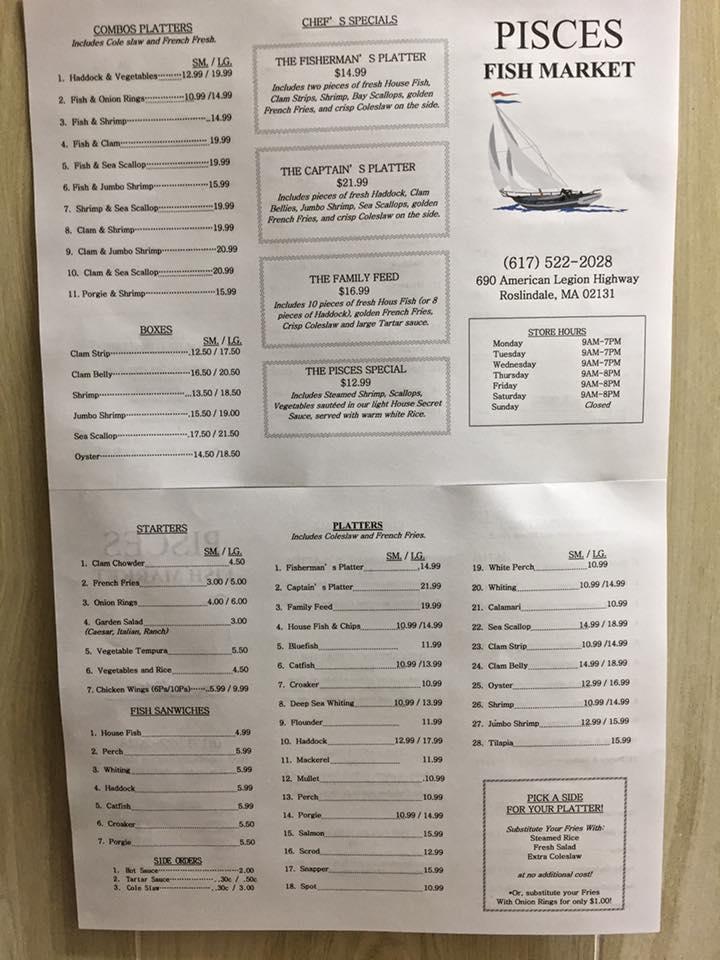 Menu at Pisces restaurant, Boston