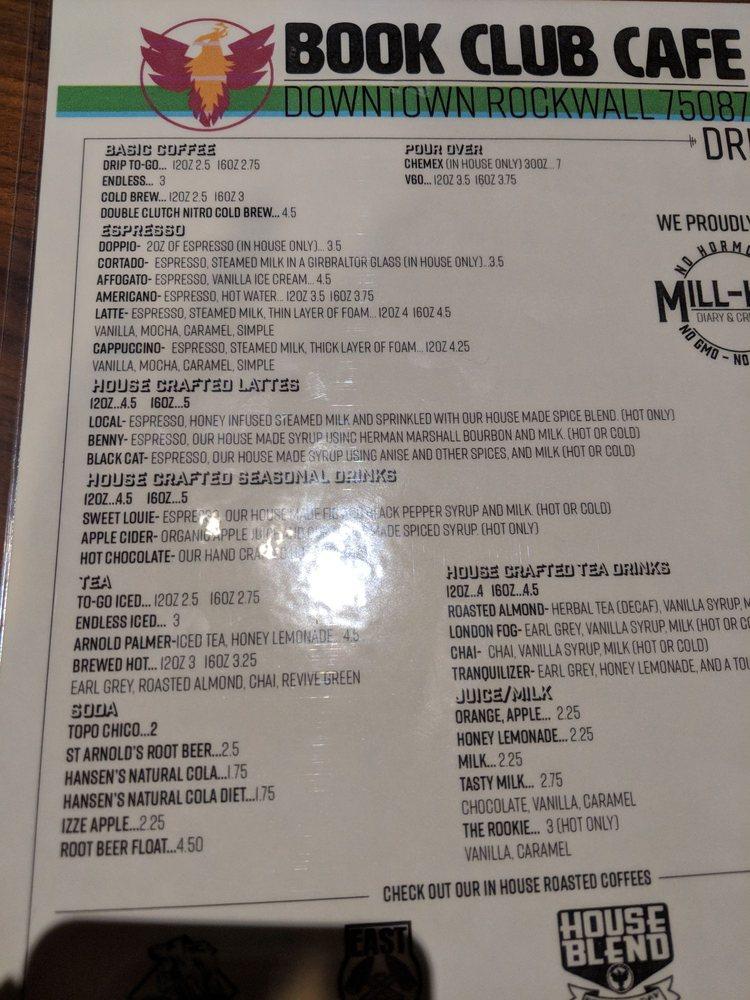 Menu at Book Club Cafe, Rockwall