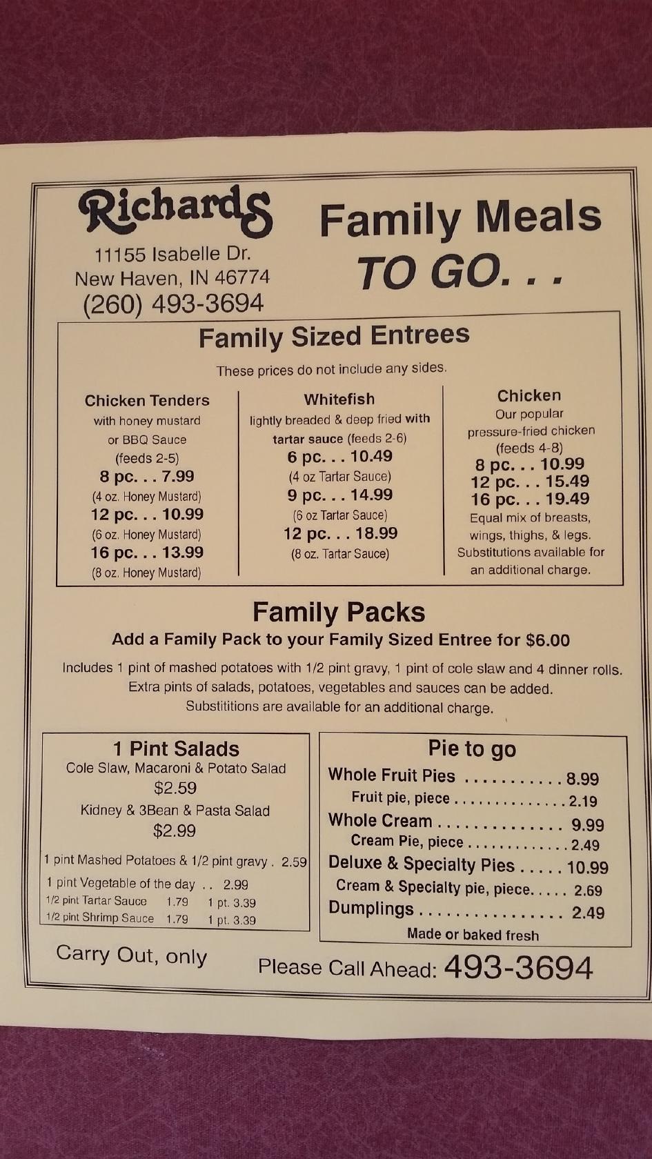 Menu at Richards Restaurant, New Haven