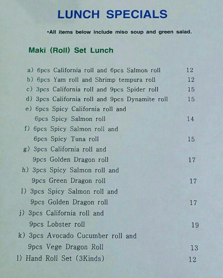 Menu at Sushi Aoi restaurant, Richmond Hill