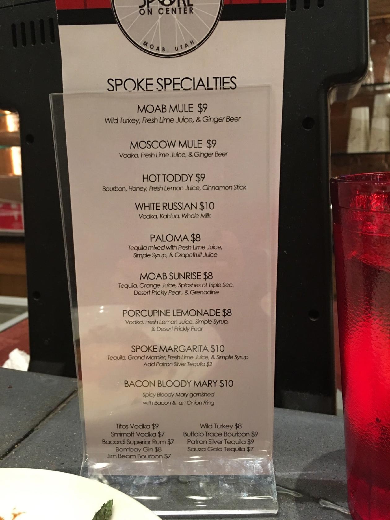 Menu at The Spoke on Center restaurant, Moab