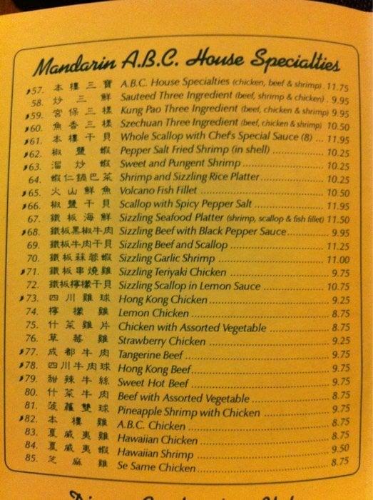 Menu at ABC Mandarin restaurant, Roy