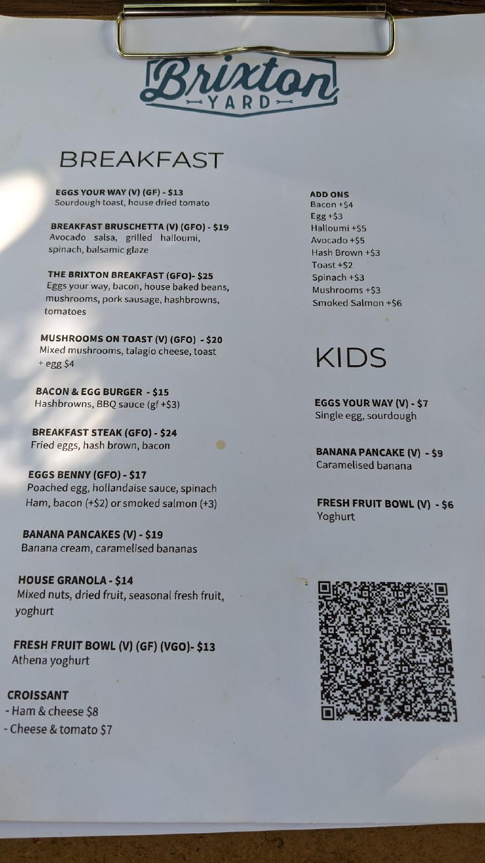 Menu at Brixton Yard cafe, Maylands