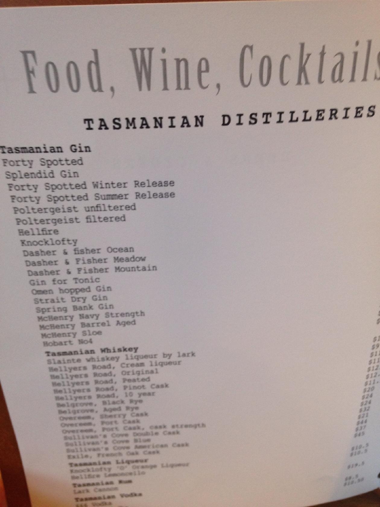 Menu at Cascade on Collins restaurant, Hobart