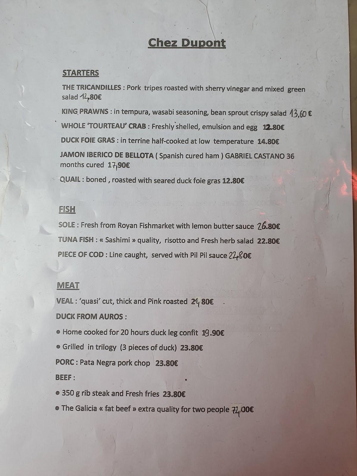 Menu at Chez Dupont restaurant, Bordeaux