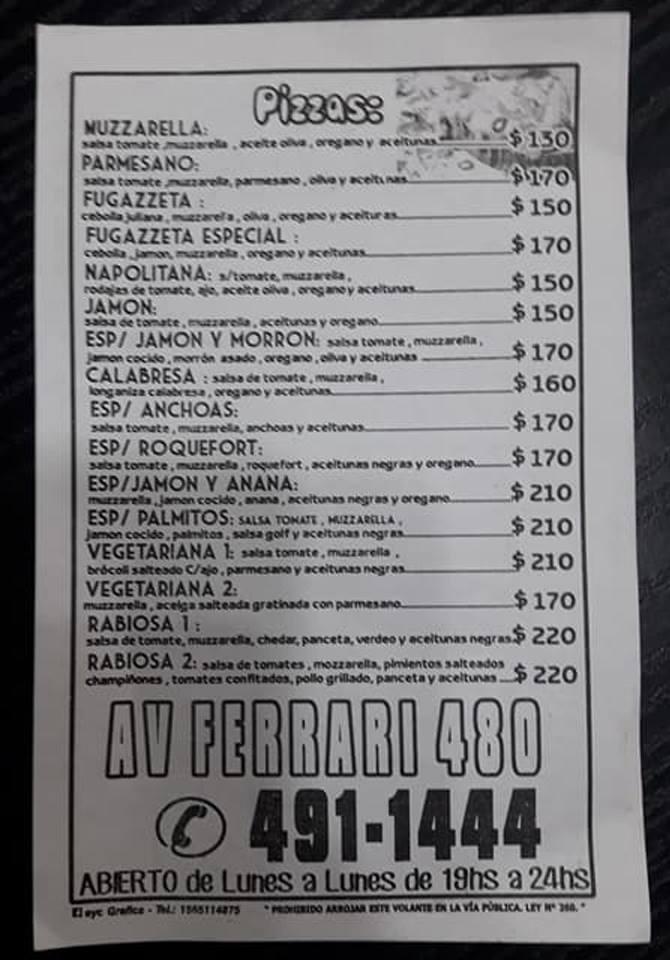 Menu at El Gourmet Ferrari restaurant, Mariano Acosta