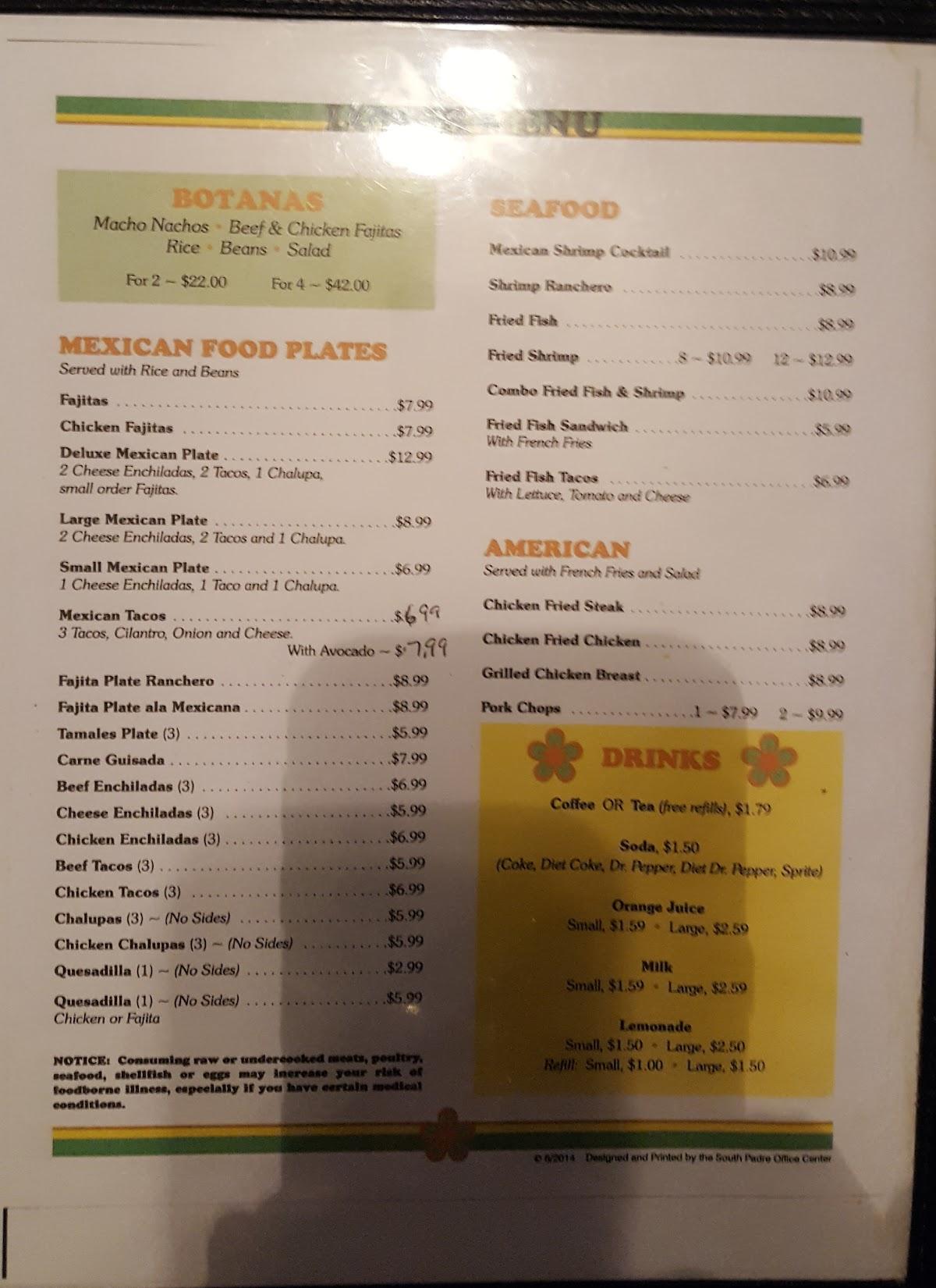 Menu at El Papa's restaurant, Port Isabel