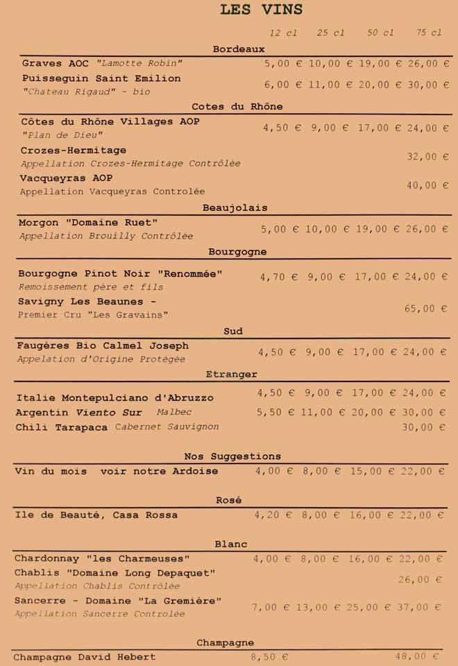 Menu au Jango restaurant, Paris