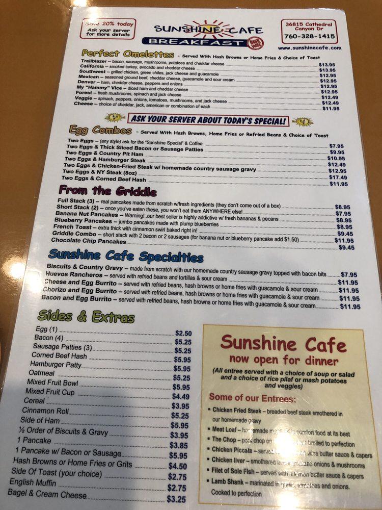 Menu at Sunshine Cafe, Cathedral City, Cathedral Canyon Dr