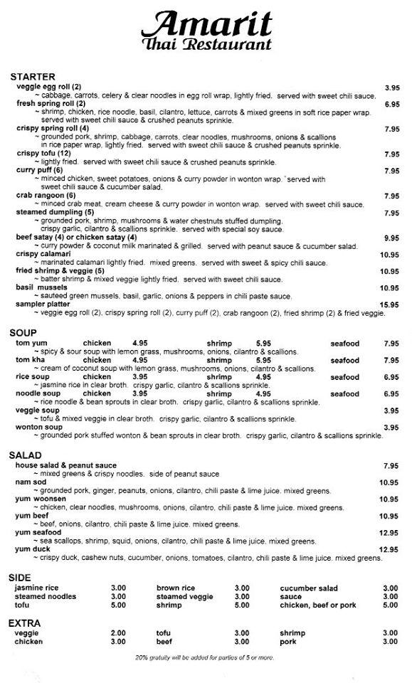 Menu at Amarit Thai Restaurant, Palm Harbor