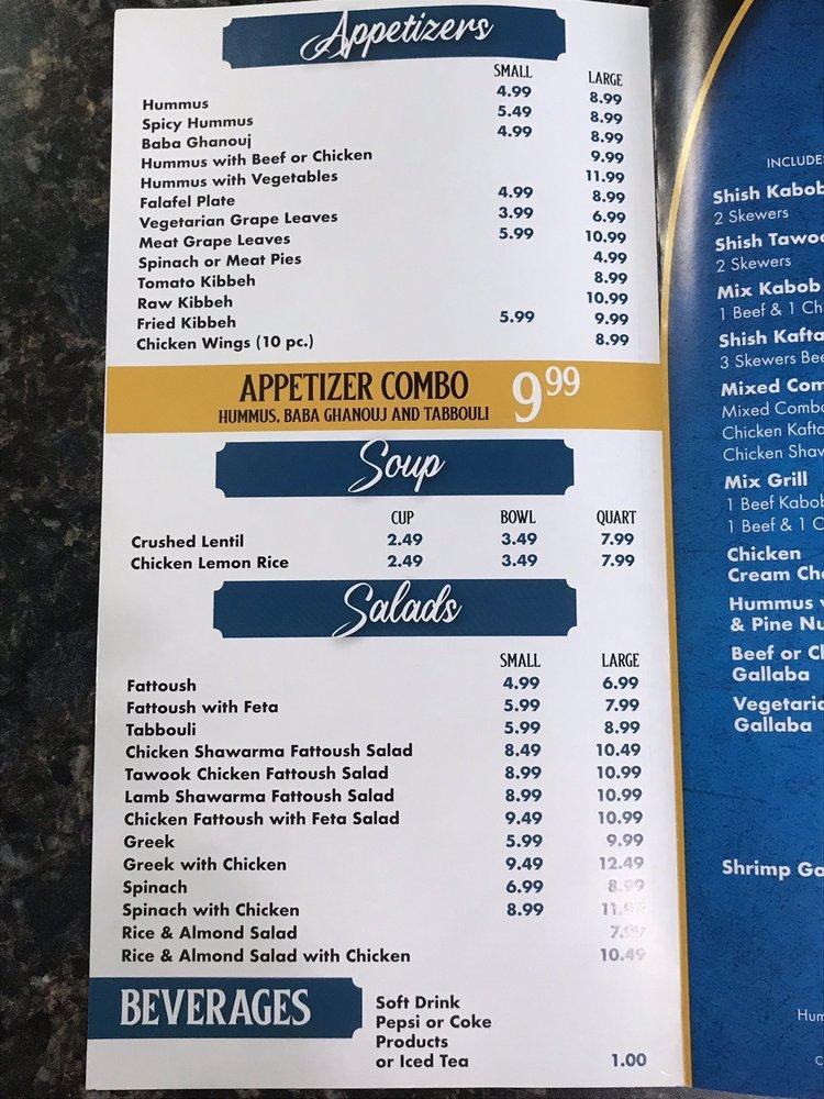Menu at Boff's Middle Eastern Cuisine restaurant, Warren