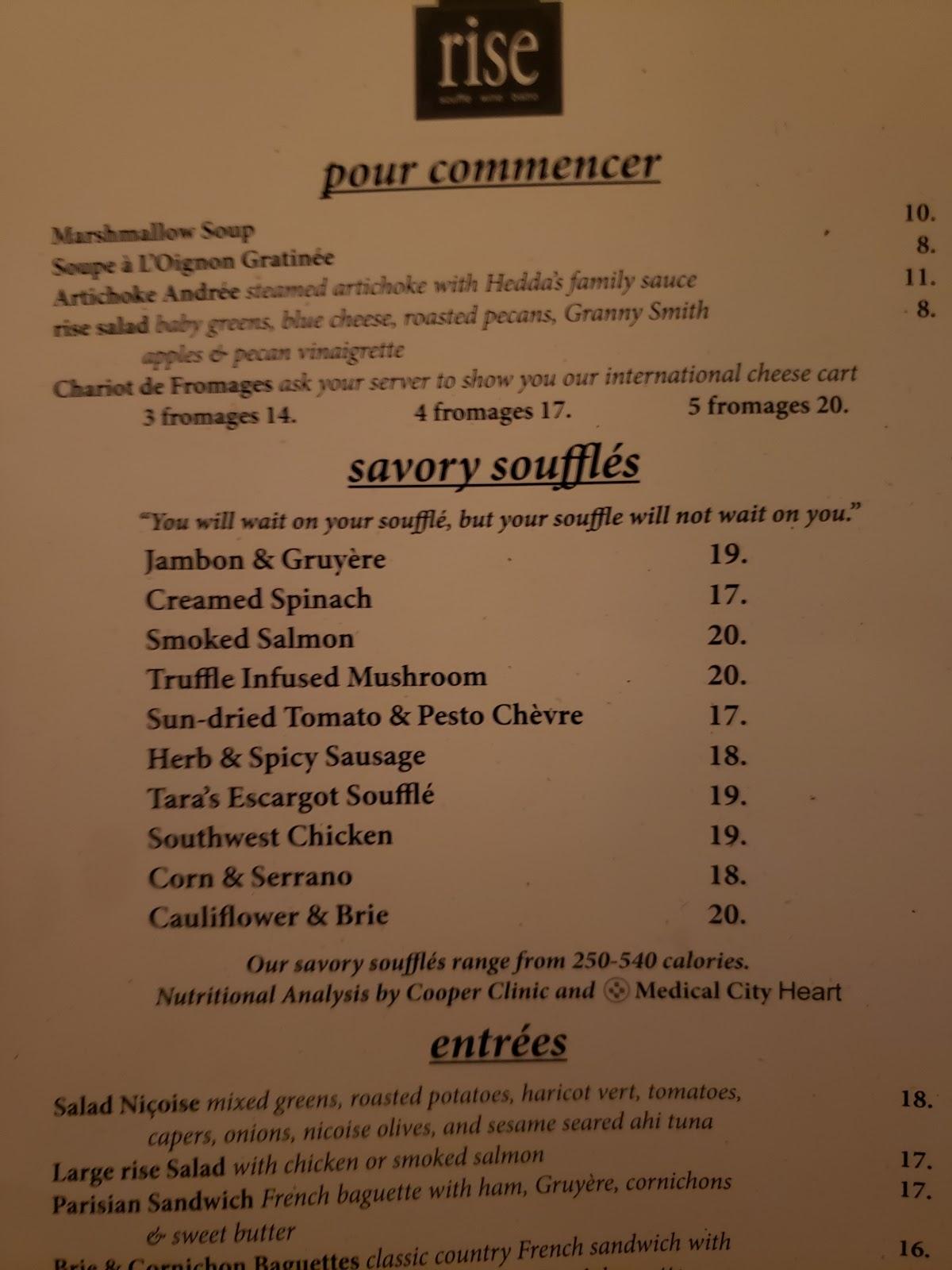 Menu at rise soufflé - Dallas pub & bar, Dallas