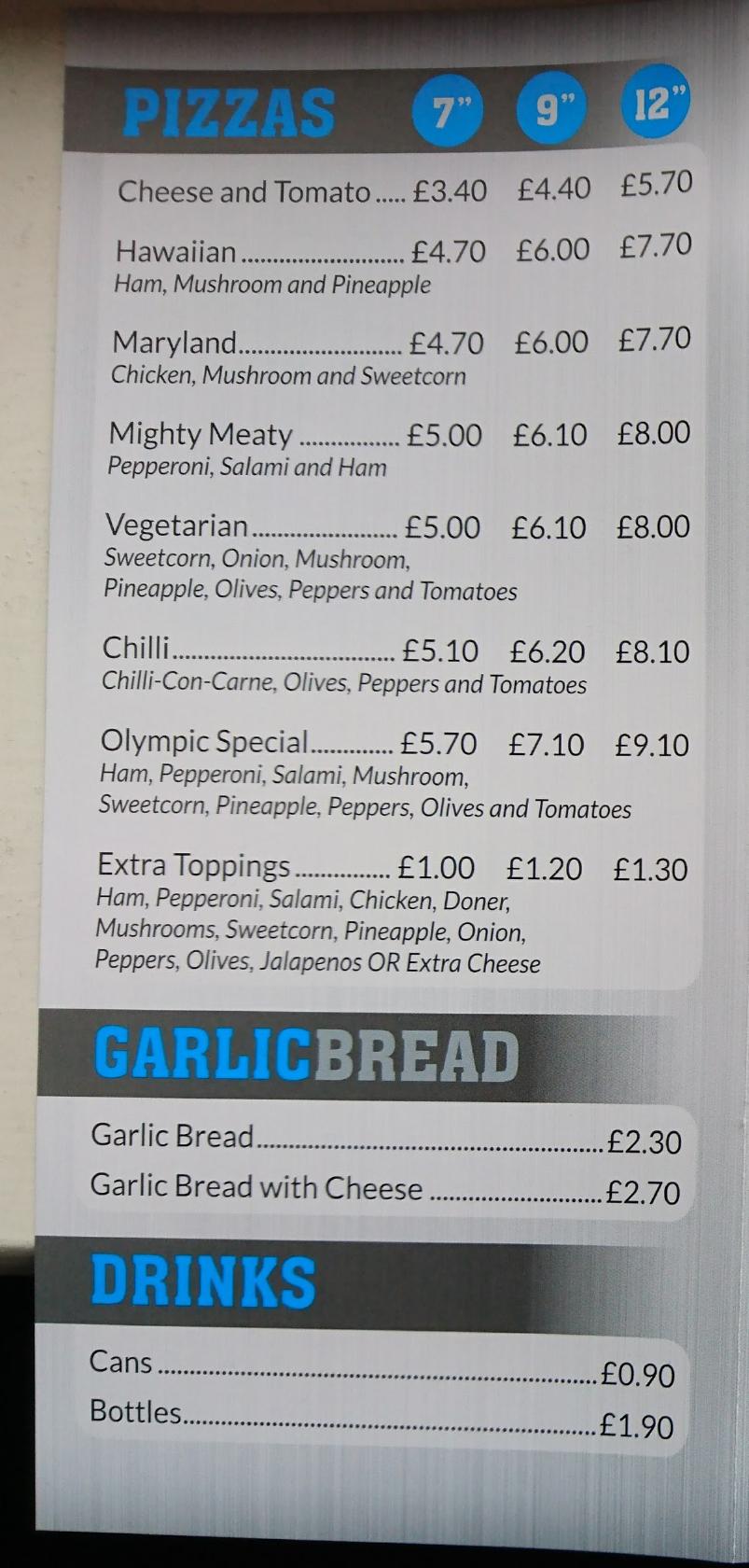 Menu at The Olympic Kebab House fast food, Nottingham, 17-19 Victoria Rd