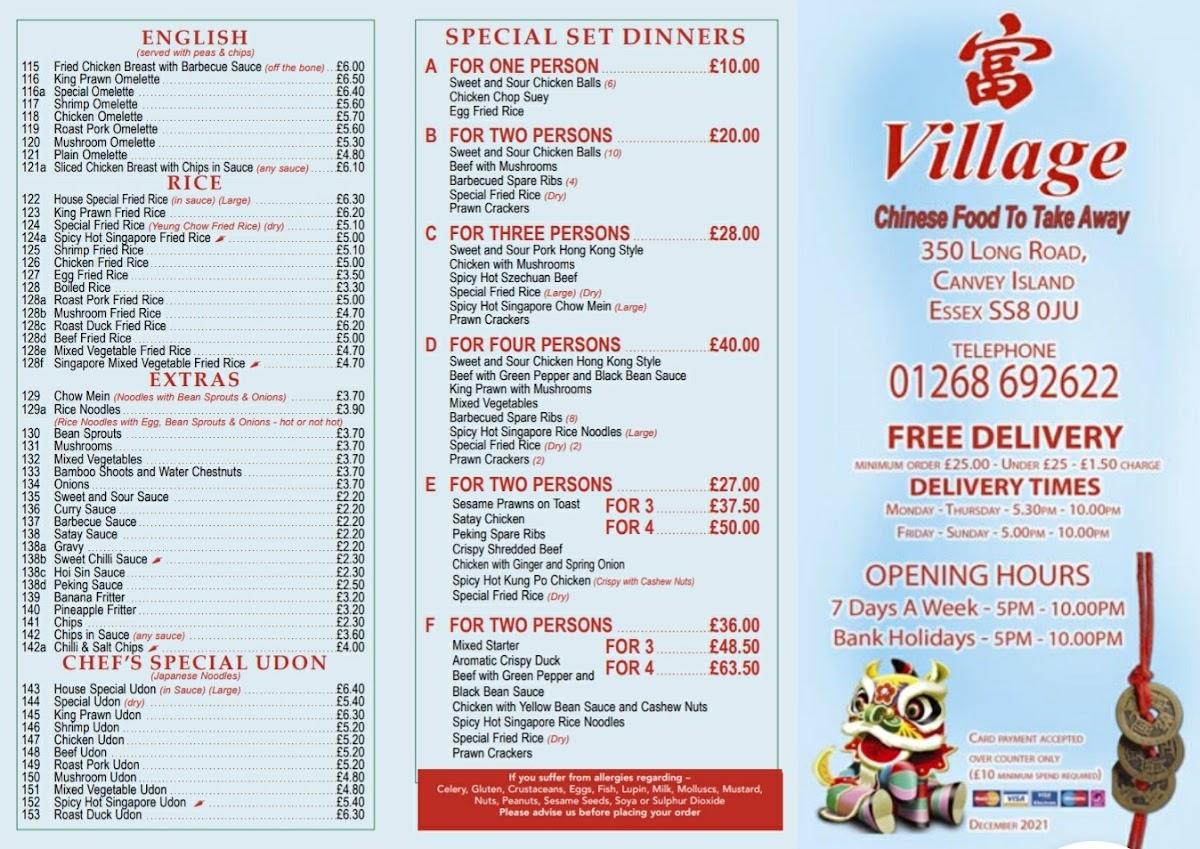 Menu at Village Chinese Takeaway fast food, Canvey Island