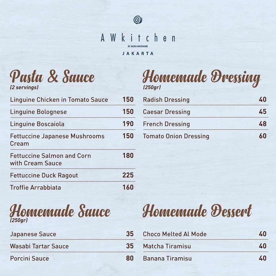 Menu at AW kithcen restaurant, Jakarta