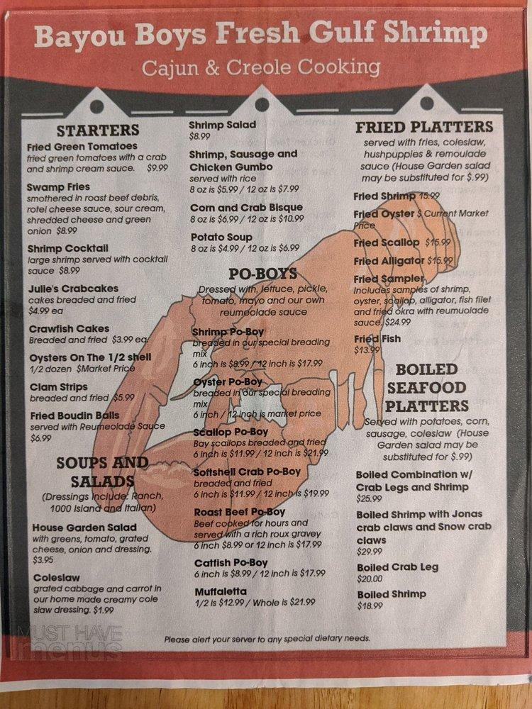 Menu at Bayou Boys restaurant, Johnson City