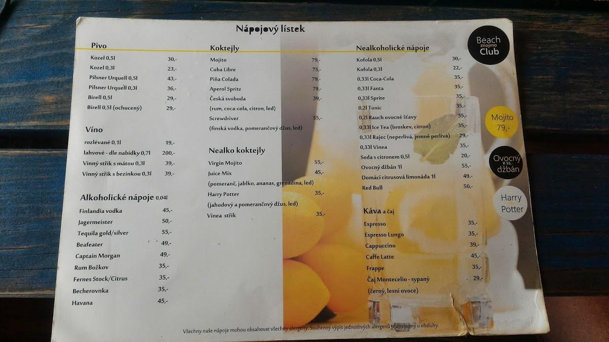 Menu at Beach Club, Znojmo