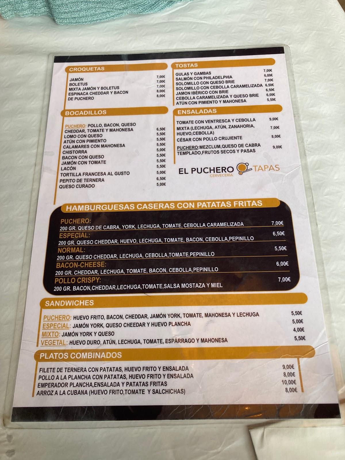Carta del pub y bar El Puchero Tapas, Madrid