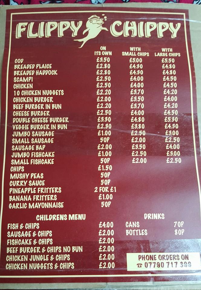 Menu at Flippy Chippy fast food, Broadclyst, 12 Woodbury View