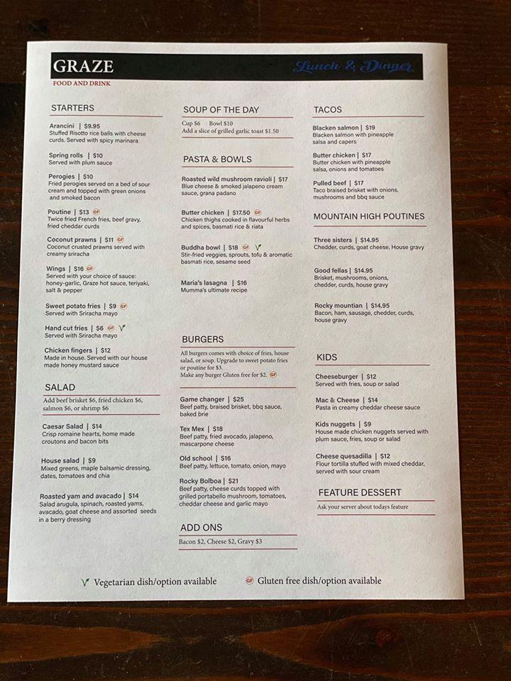 Menu at Graze Food & Drink pub & bar, Canmore