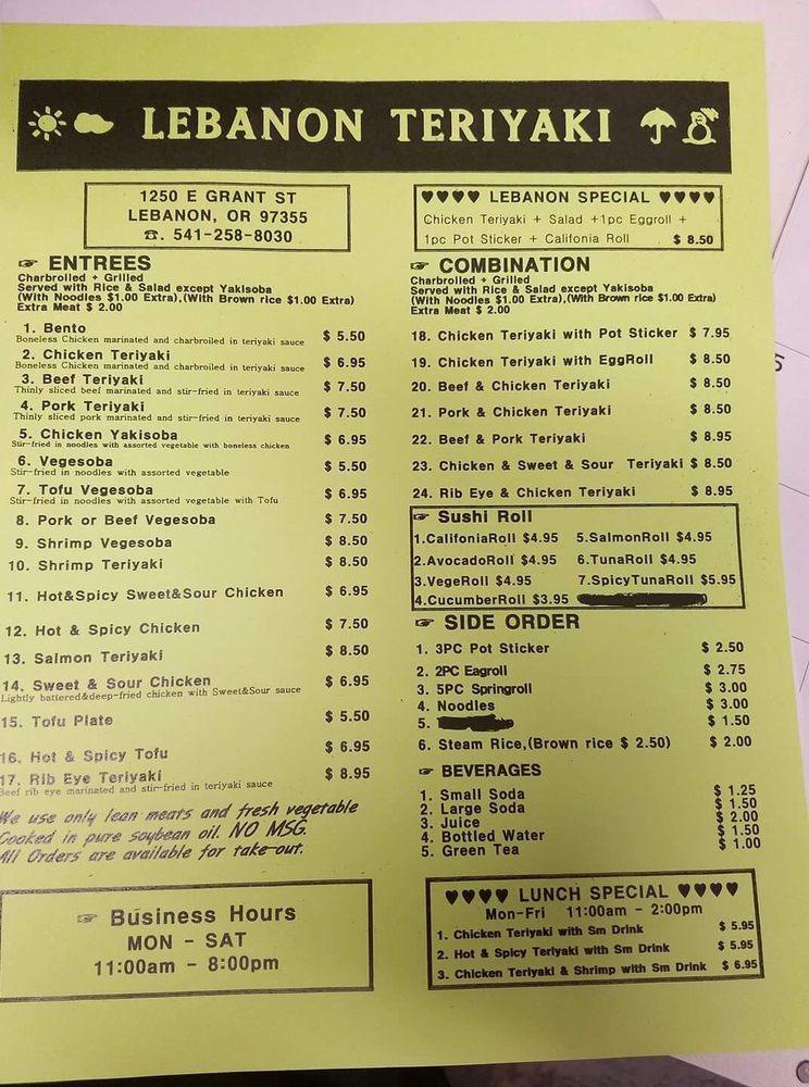 Menu at Lebanon Teriyaki restaurant, Lebanon