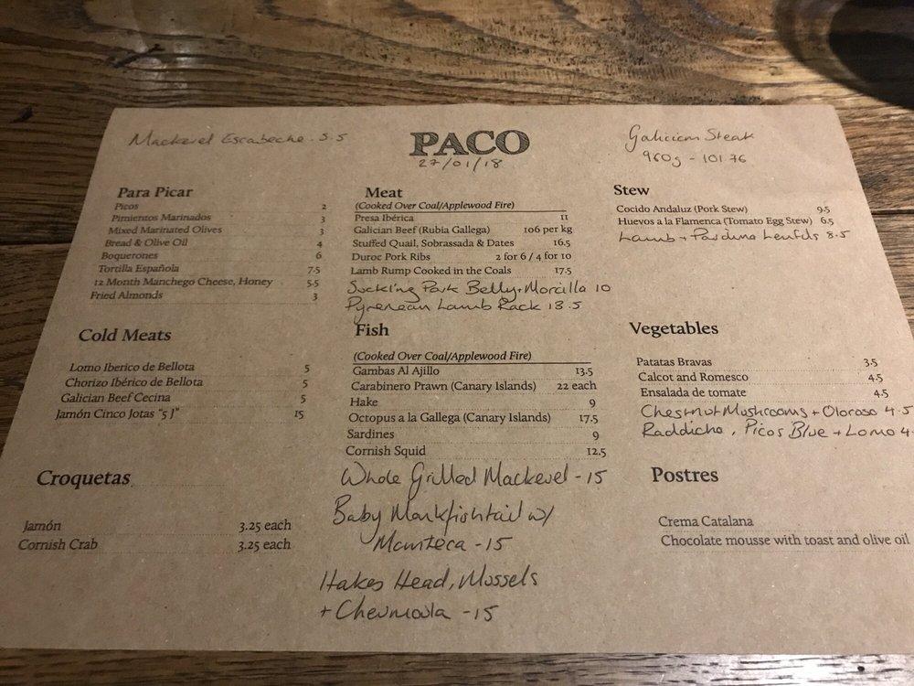 Menu at Paco Tapas pub & bar, Bristol