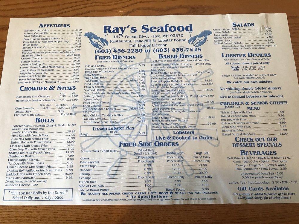 Menu at Ray's Seafood restaurant, Rye