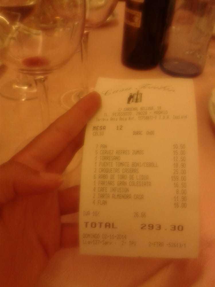 Carta del restaurante Casa Toribio, Madrid, C. Cardenal Belluga