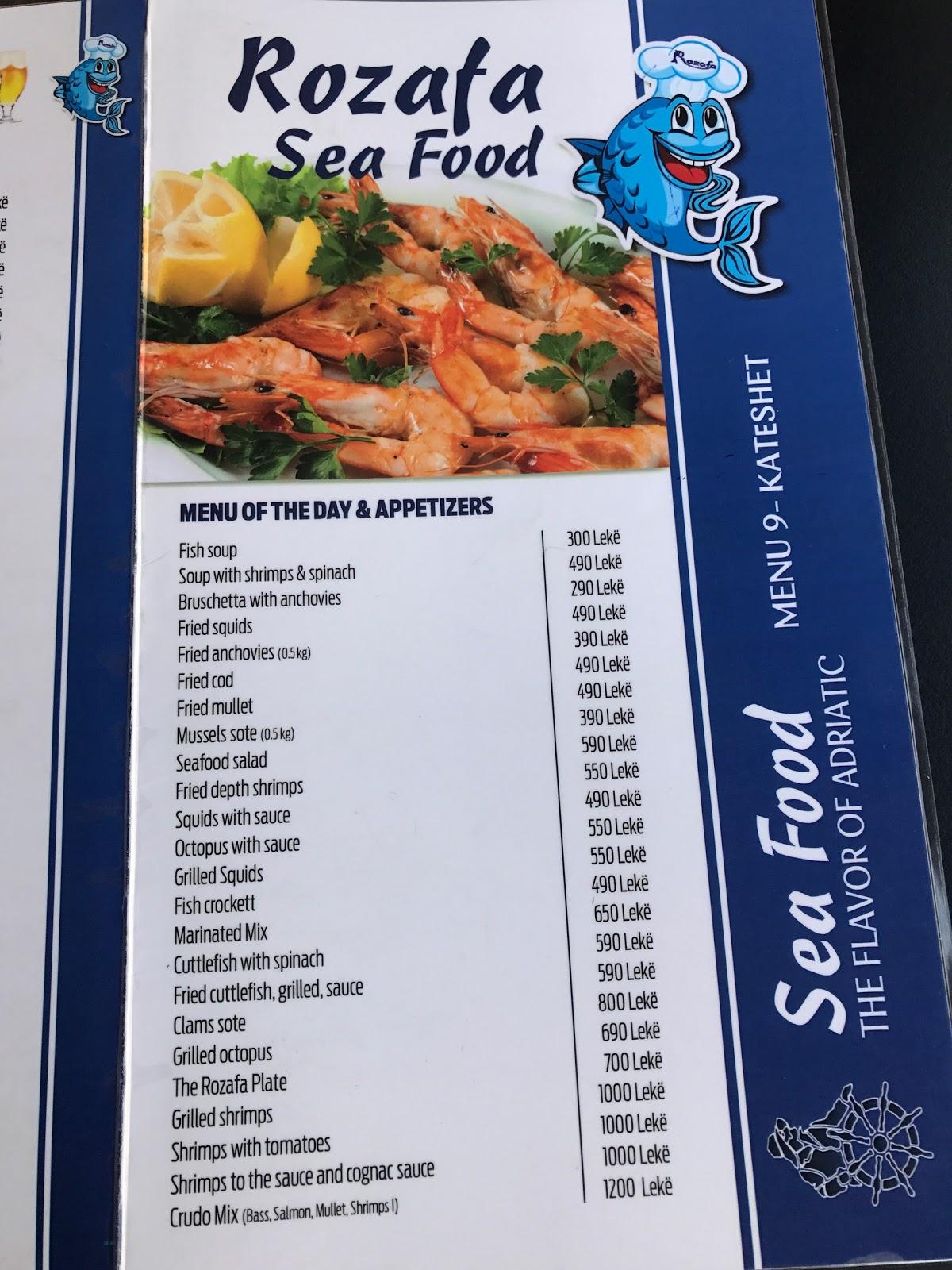Menu at Rozafa Sea Food restaurant, Tirana, Rruga Luigj Gurakuqi