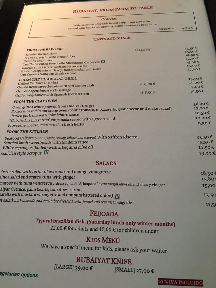 Carta de parrilla Rubaiyat Madrid, Madrid