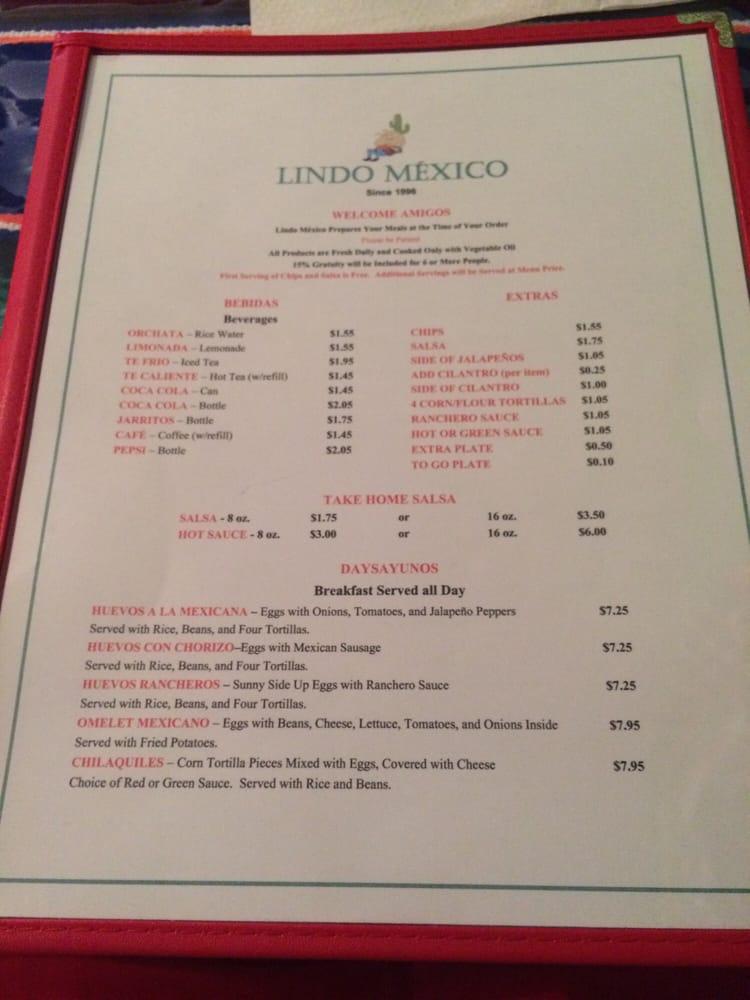 Menu at Lindo Mexico restaurant, Burlington