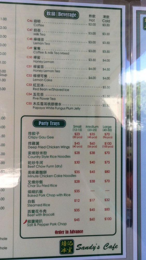 Menu at Sandy's Cafe, Honolulu, 100 N Beretania St