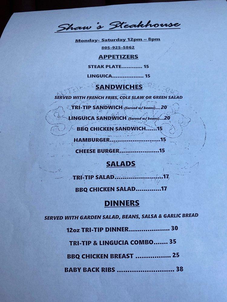 Menu at Shaw's Steakhouse, Santa Maria