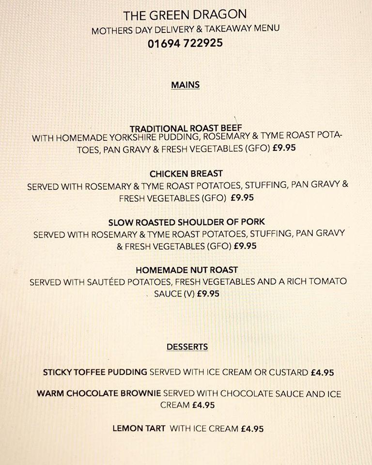 Menu at The Green Dragon pub & bar, Church Stretton
