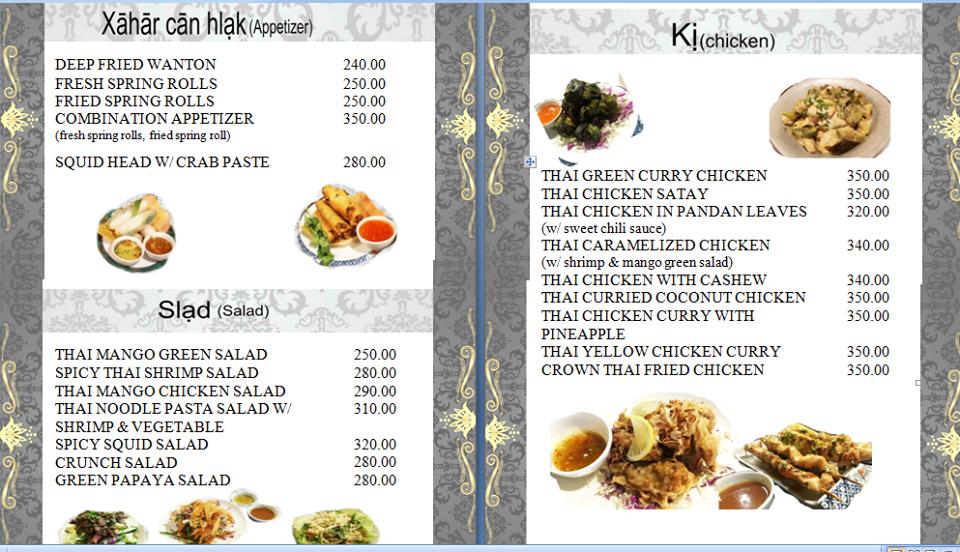 Menu at Crown Thai restaurant, Angeles