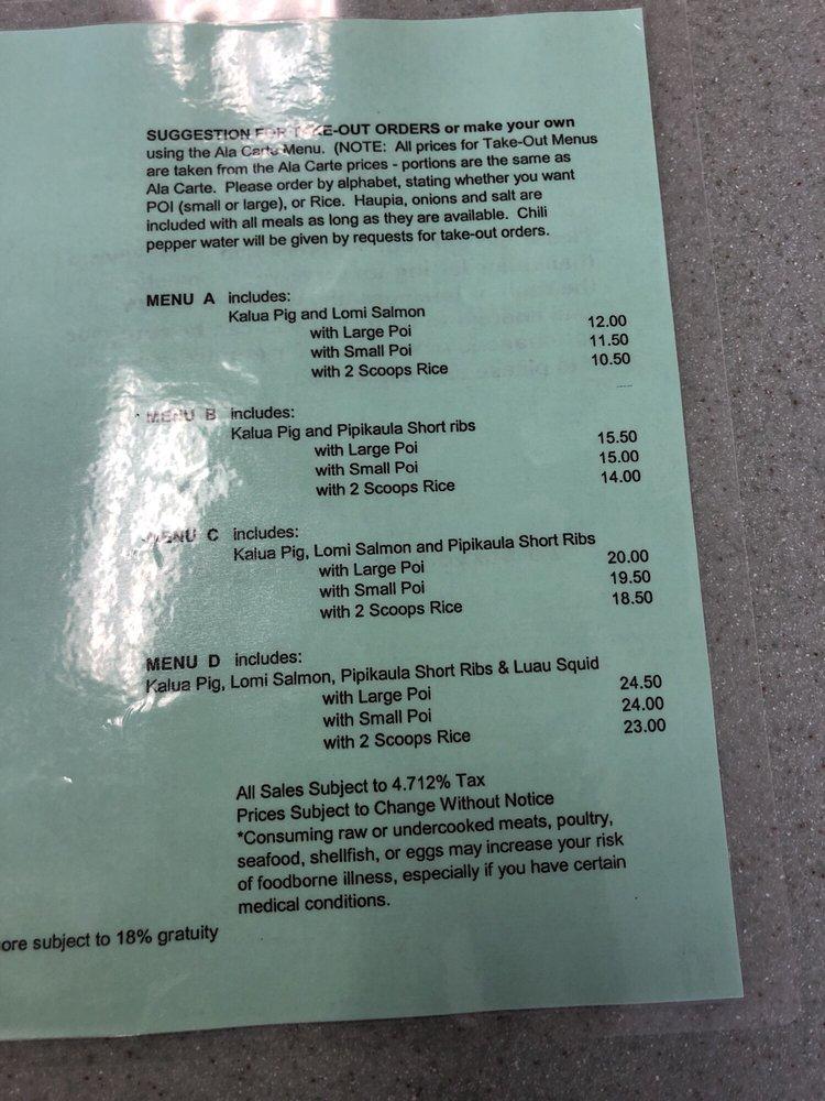 Menu at Helena's Hawaiian Food restaurant, Honolulu