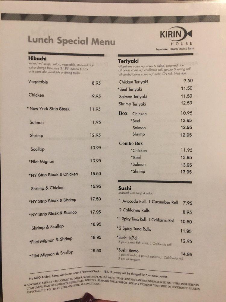 Menu at Kirin House Japanese Steak House & Sushi Bar, Lawrenceville