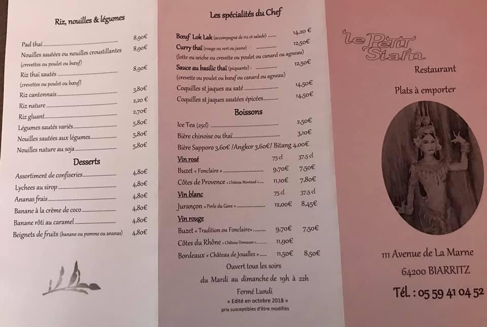 Menu at Le Petit Siam restaurant, Biarritz