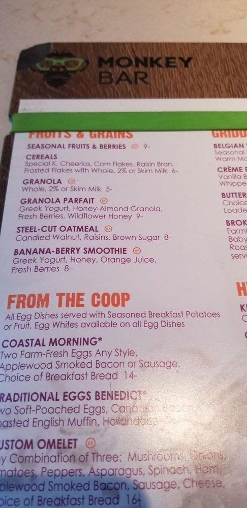 Menu at Monkey Bar, Delray Beach