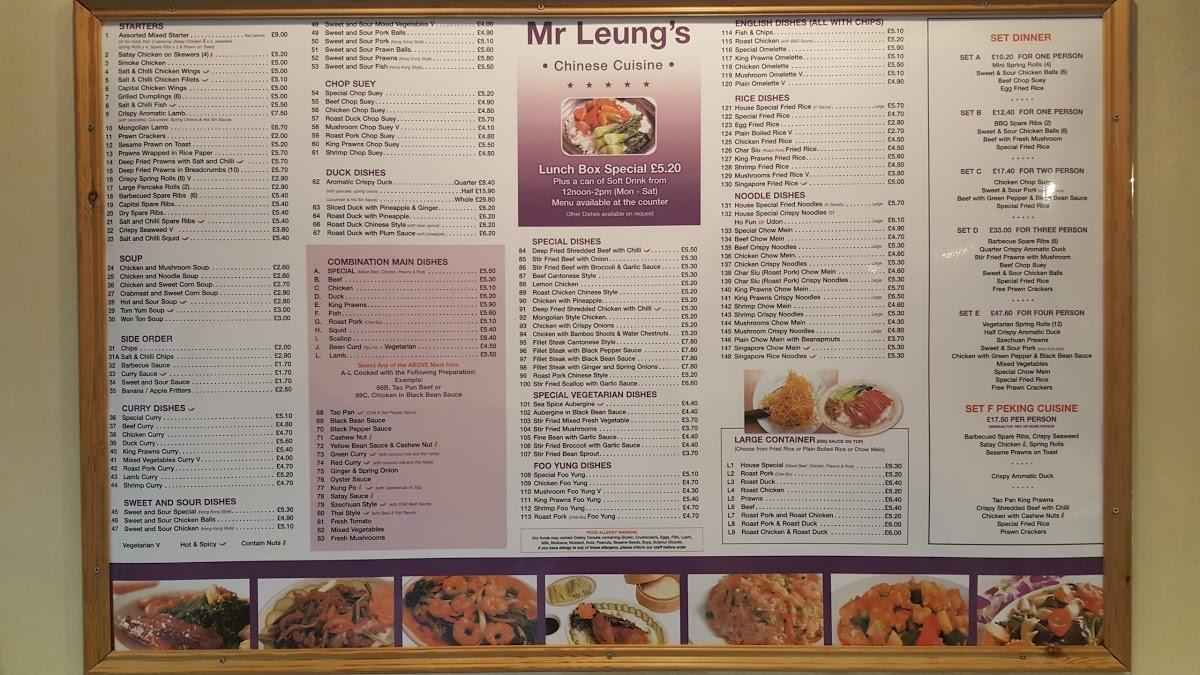 Menu at Mr Leung’s Chinese Takeaway restaurant, Maidenhead