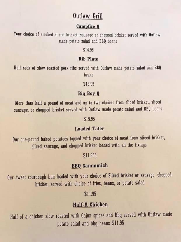Menu at Outlaw Grill steakhouse, Eunice