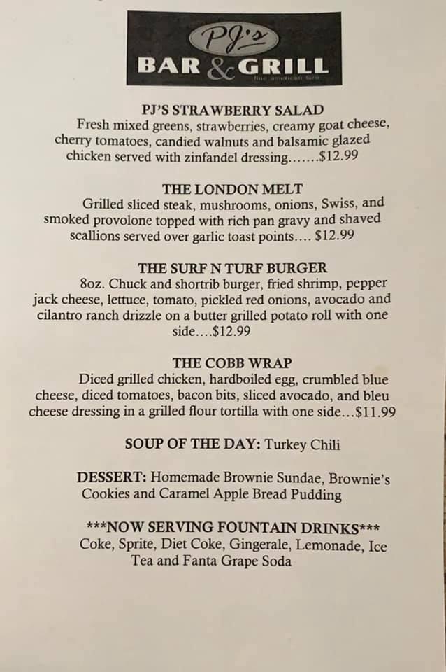 Menu at PJ's Bar & Grill, Bellingham
