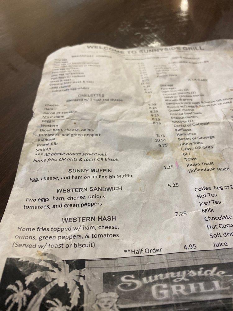 Menu at Sunnyside Grill restaurant, Panama City Beach