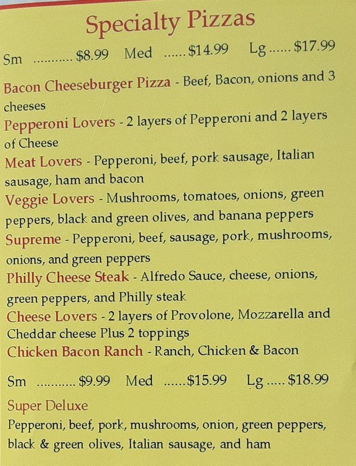 Carta de pizzería Tiny Town Pizza & Subs, Guthrie