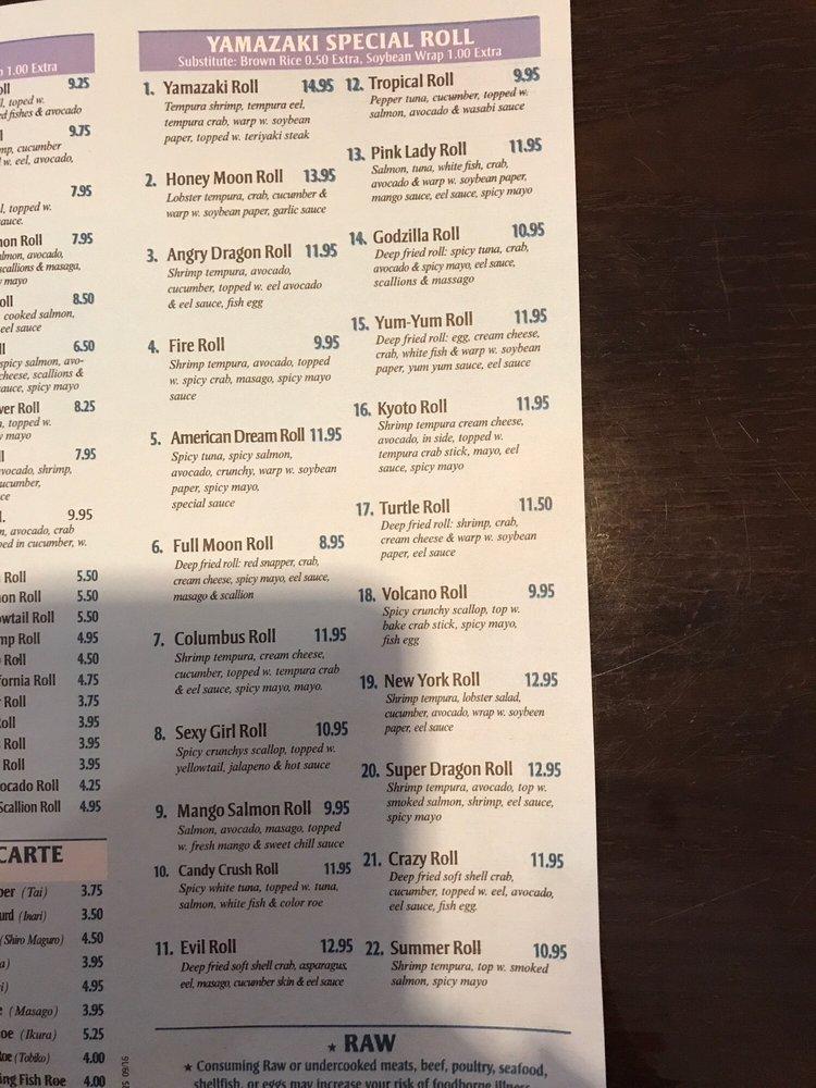 Menu at Yamazaki Sushi and Hibachi restaurant, Columbus