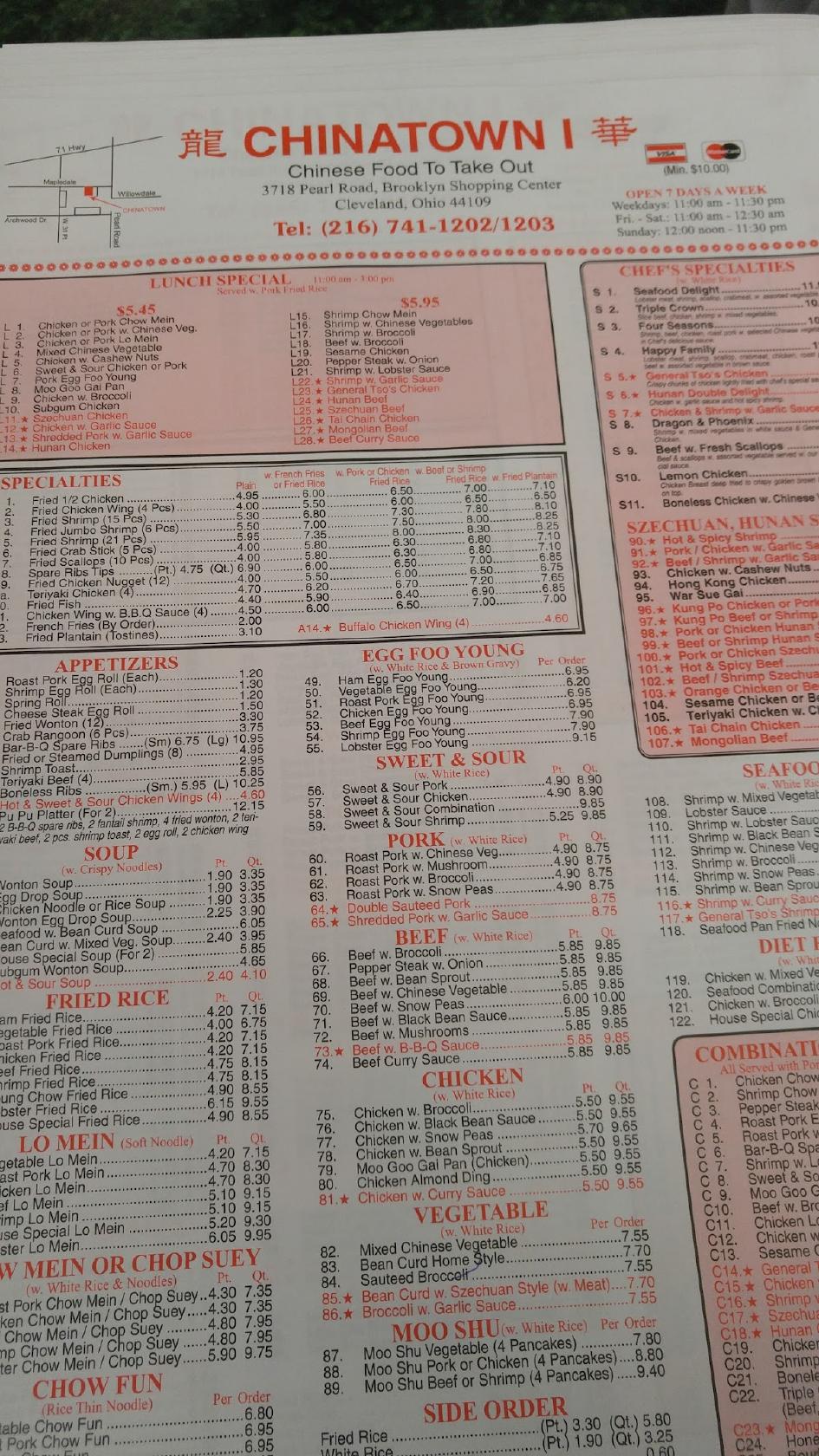 Menu at CHINA TOWN I restaurant, Cleveland, Pearl Rd