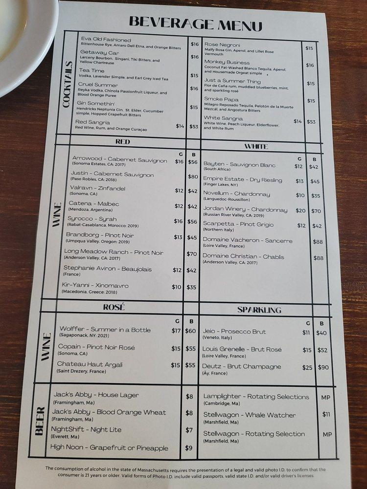Menu at Eva restaurant, Boston
