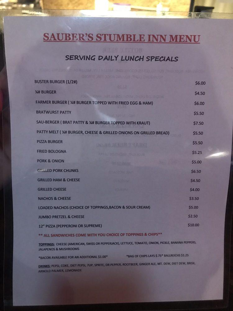 Menu at Sauber's Stumble Inn pub & bar, Bascom