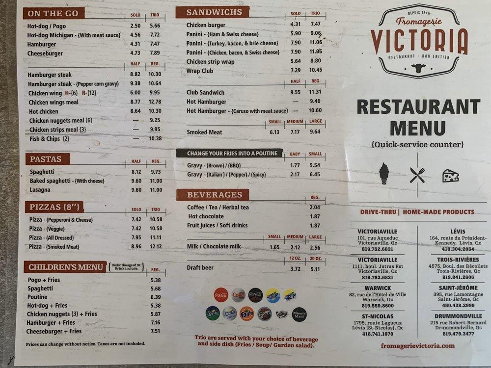 Menu au Fromagerie Victoria fast food, Levis, 164 Rte du Président-Kennedy