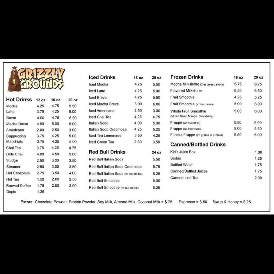 Menu at Grizzly Grounds cafe, Wasilla